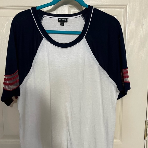 torrid | Tops | Torrid White Tee With Red And Blue Sleeves | Poshmark
